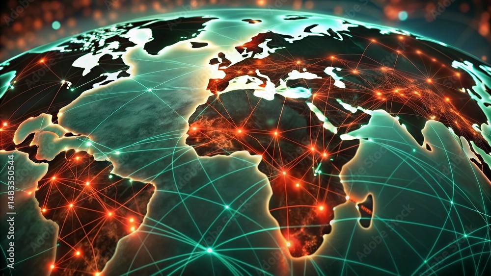 World map on a technological background, glowing lines symbols of the ...