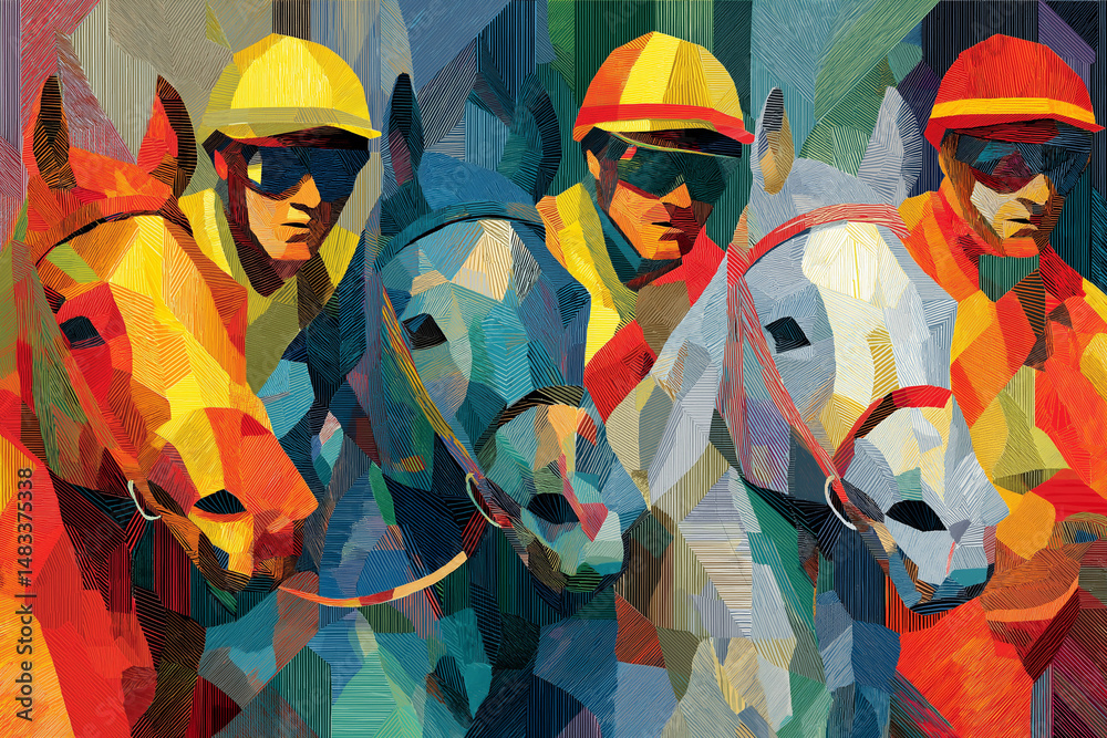 Geometric mosaic vector art of Kentucky Derby scene, fragmented shapes ...