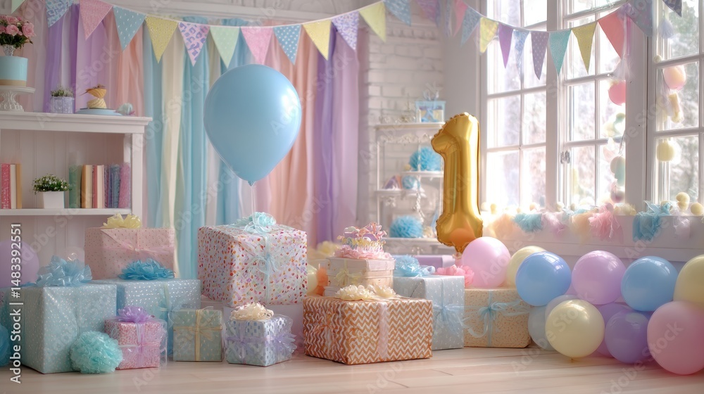 Pastel-toned birthday party decor Stock Photo | Adobe Stock