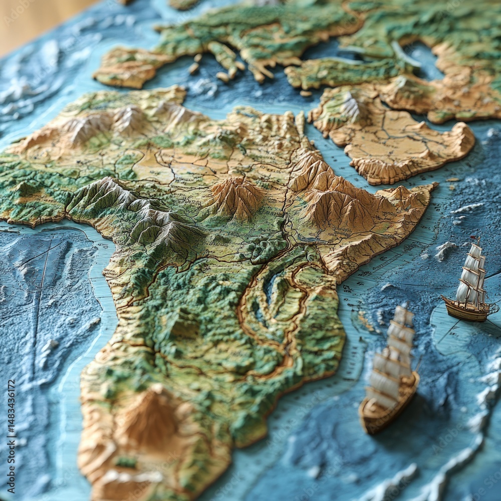 Detailed 3D world map, highlighting Africa's terrain and elevation ...