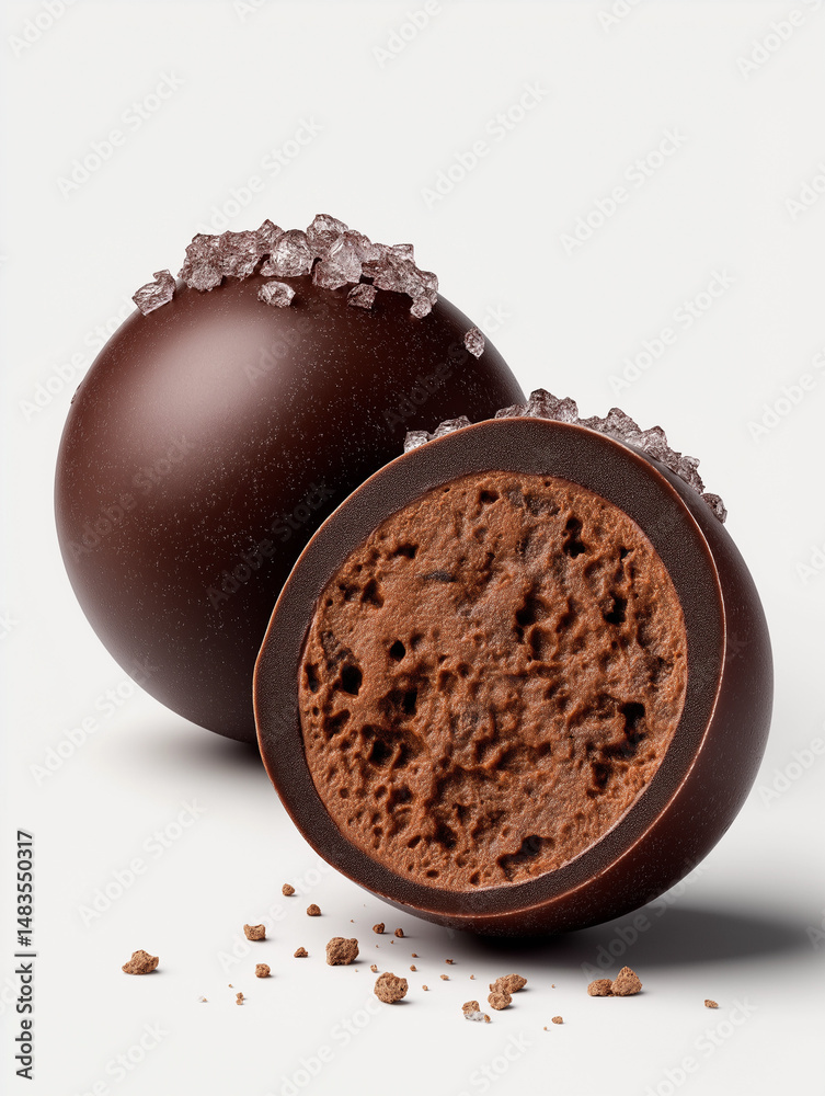 two chocolate truffles on a white background, one whole and one cut ...