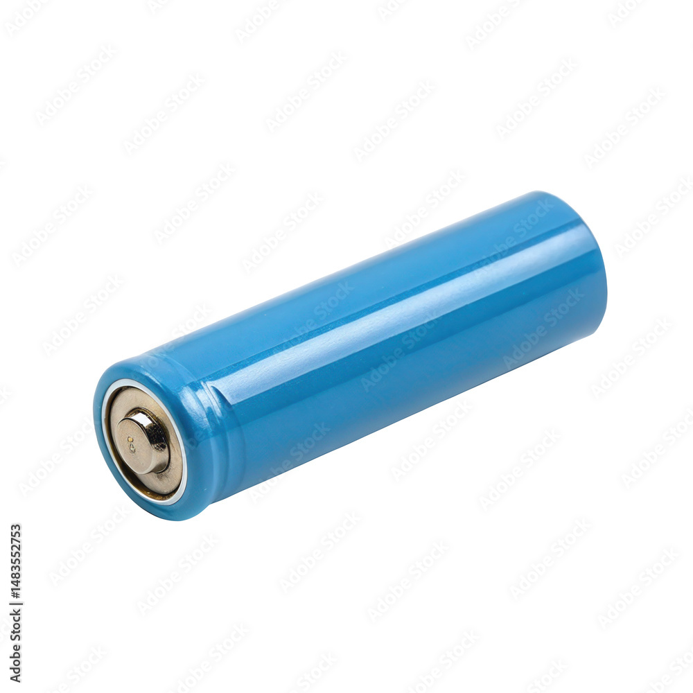 Cylindrical blue lithium ion battery cell lying diagonally isolated on ...