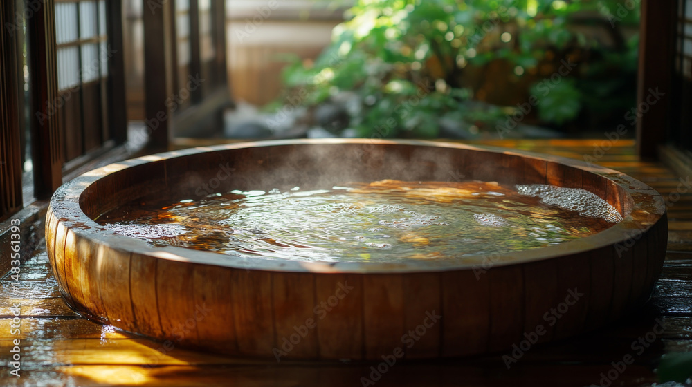 Wooden onsen tub displays mineral water used in traditional Japanese ...
