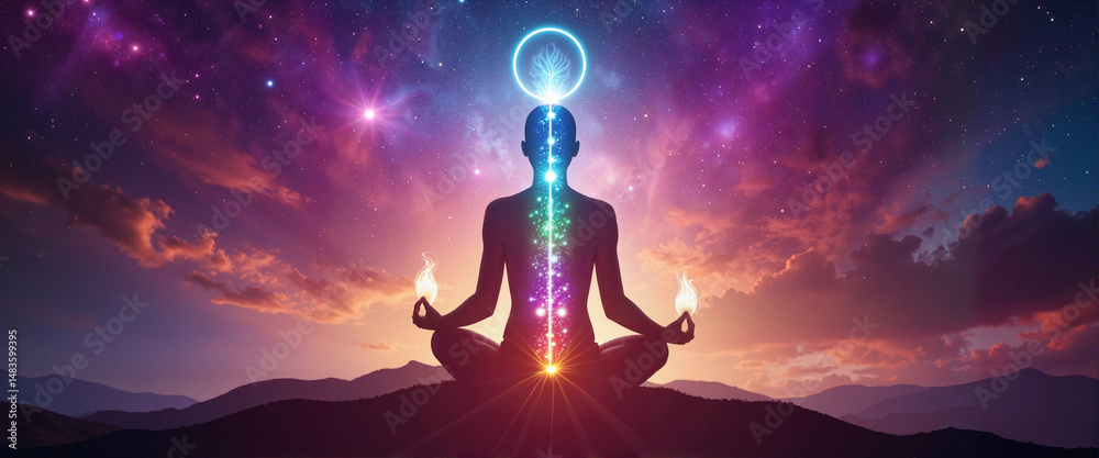 Enlightened figure meditating with radiant chakras in cosmic space ...