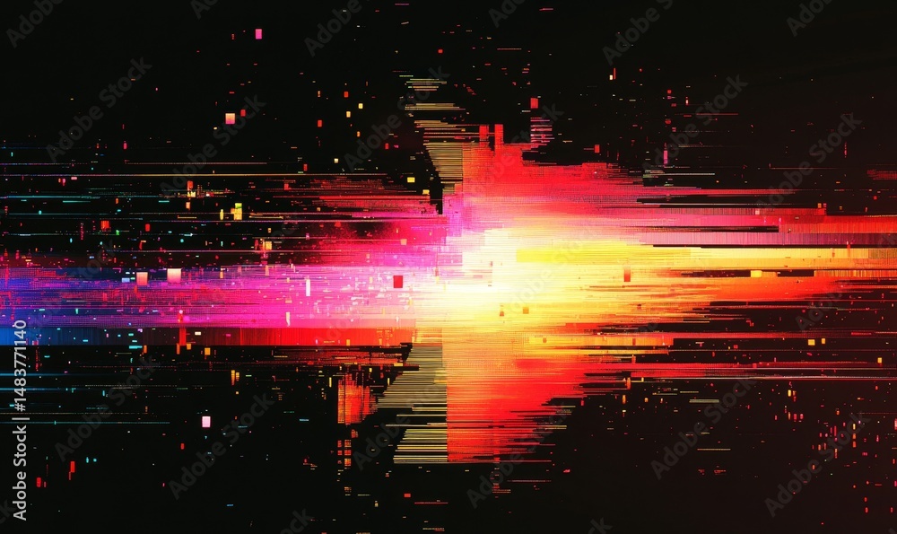 Horizontal distortion of broken video image on black background, VHS ...