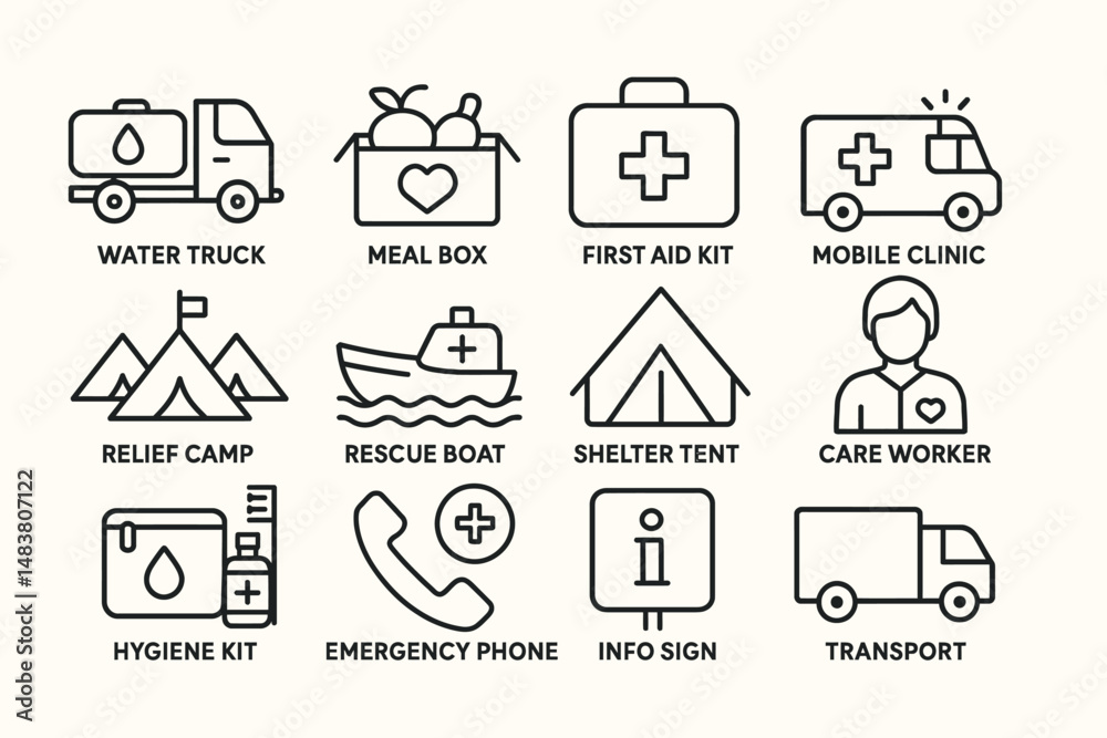 Emergency relief icons: water truck, meal box, first aid, mobile clinic ...
