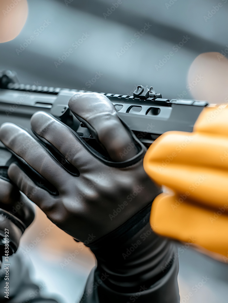 Hands wearing dark gloves holding a weapon with details of sights and a ...
