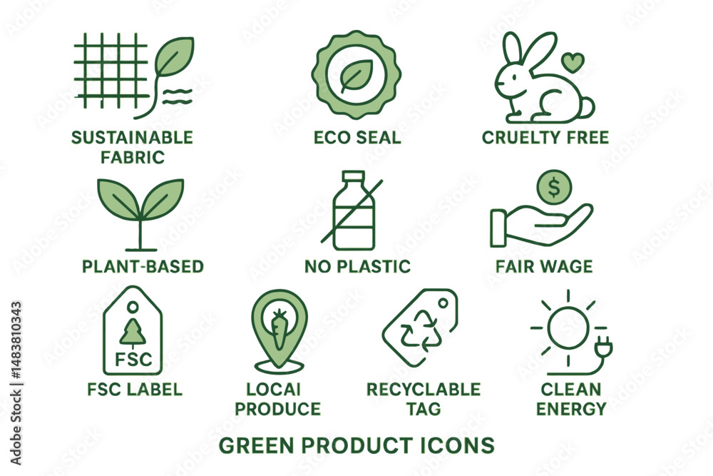 Eco-friendly product icons: sustainable, plant-based, no plastic ...