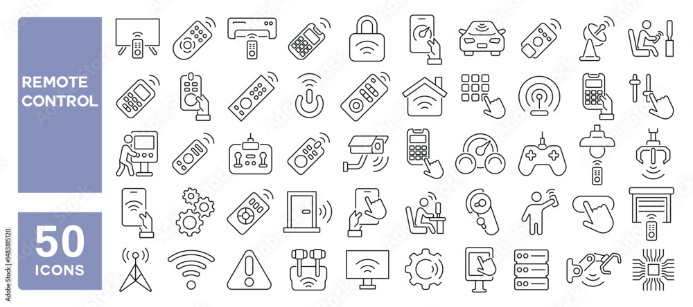 Set of 50 line icons related to remote control, wireless, remote, smart ...