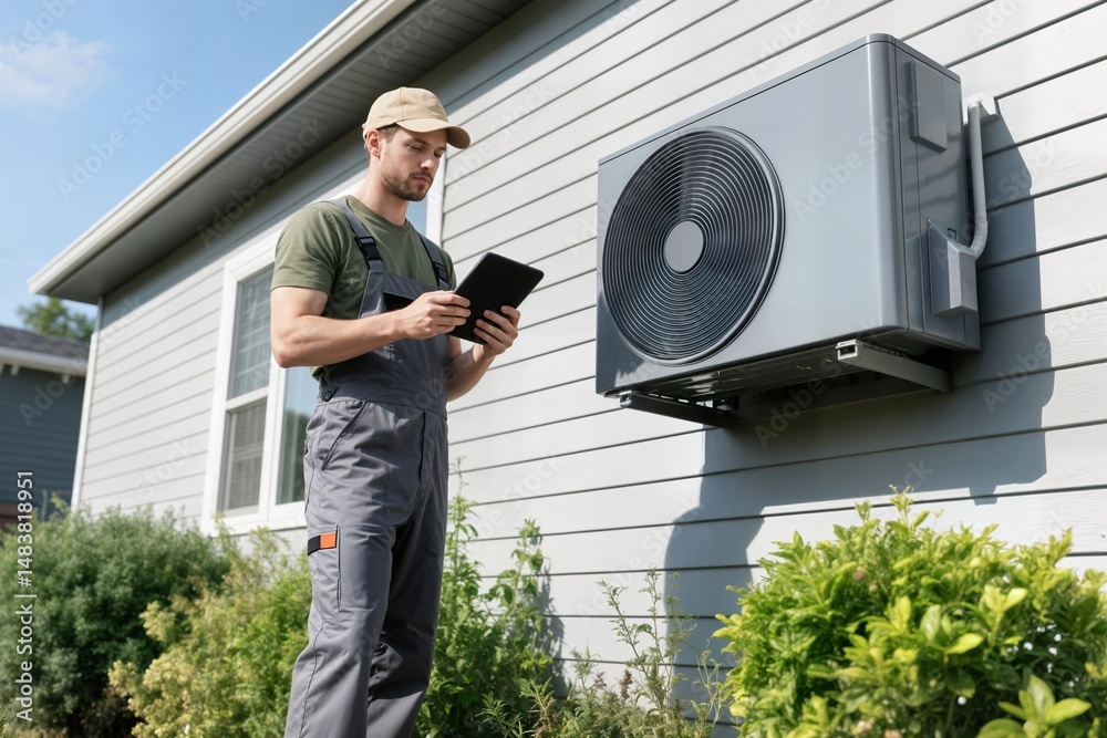hvac technician working outside a residential home concept a mini split ...