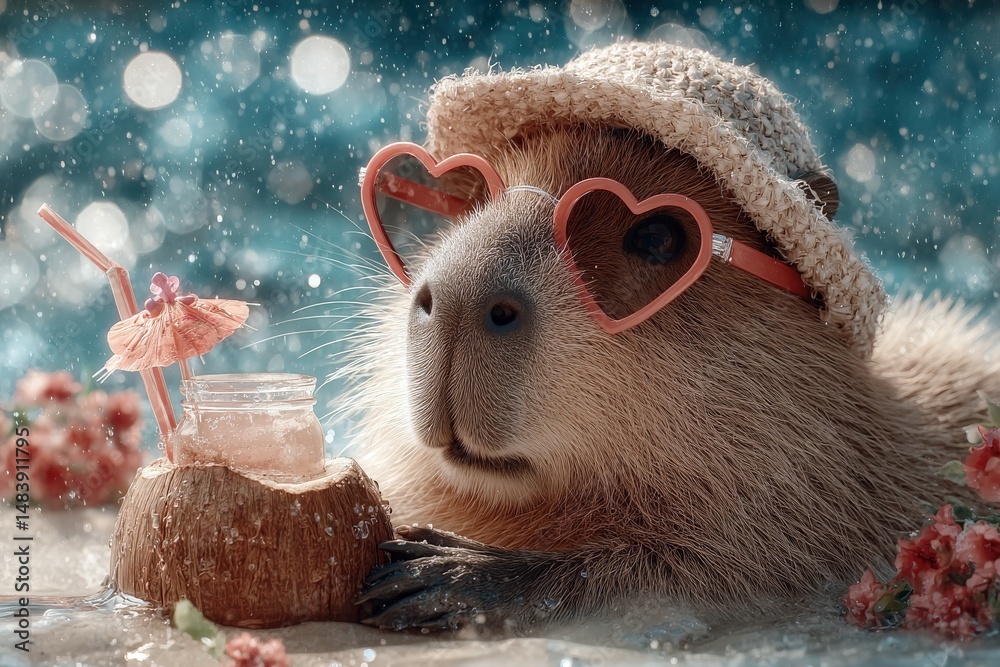 Capybara relaxing at a tropical beach with sunglasses and a coconut ...