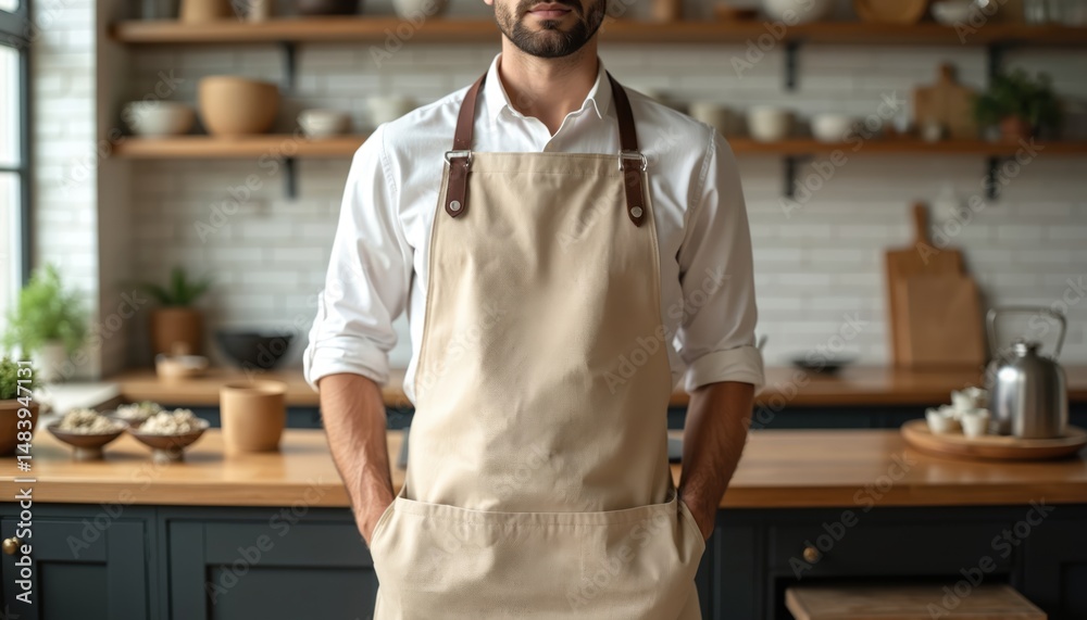 Man wearing beige linen apron, chef uniform in modern kitchen. Kitchen ...