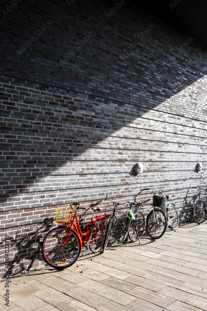 Row of bicycles aligned along brick wall with strong diagonal shadow ...