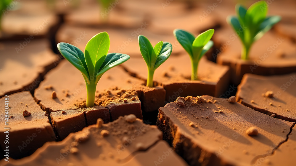 Stock-Foto „Young plants emerging from cracked clay soil, showing the ...