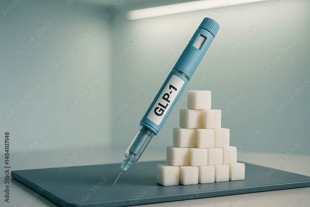 GLP-1 injection pen standing next to pyramid of white sugar cubes on ...