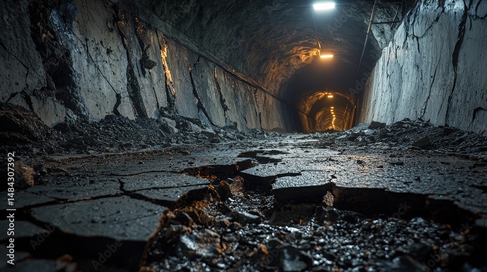 Mining operations in abandoned tunnel dark environment with cracked ...