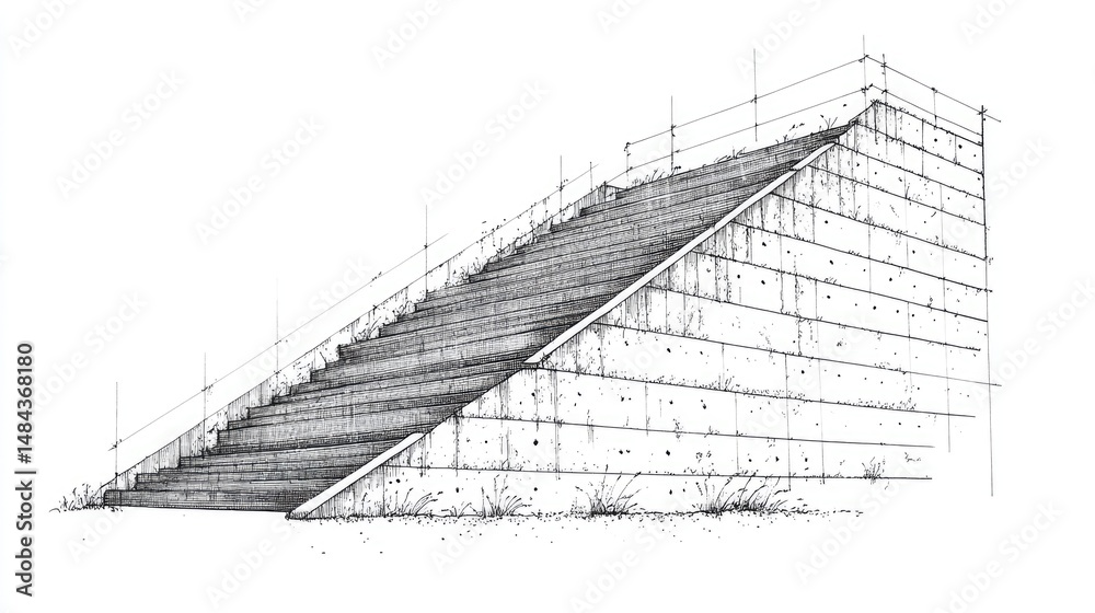 Engineering drawing set showing retaining wall design with slope and ...
