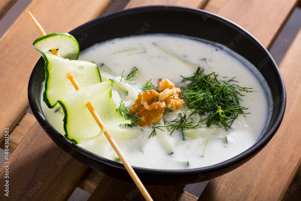 National Macedonian dish Tarator - cold soup from yoghurt and cucumbers ...