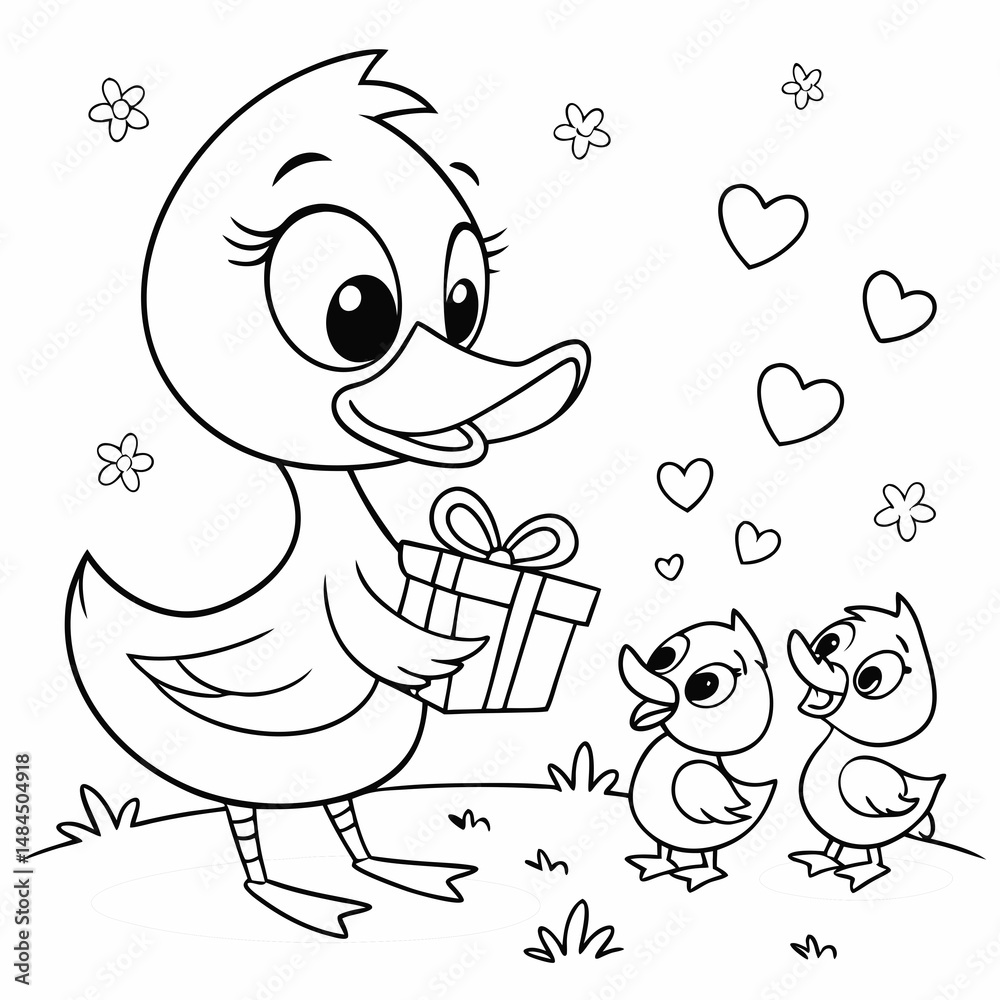 Cute kawaii duck family cartoon character coloring page vector ...