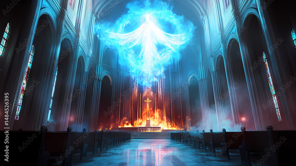 Futuristic church sanctuary with holy spirit fire as floating ...