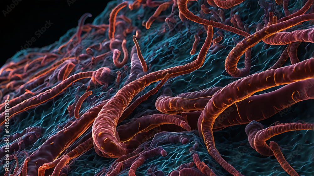 Ilustración de Stock 3D fluorescence microscopy revealing Helicobacter ...