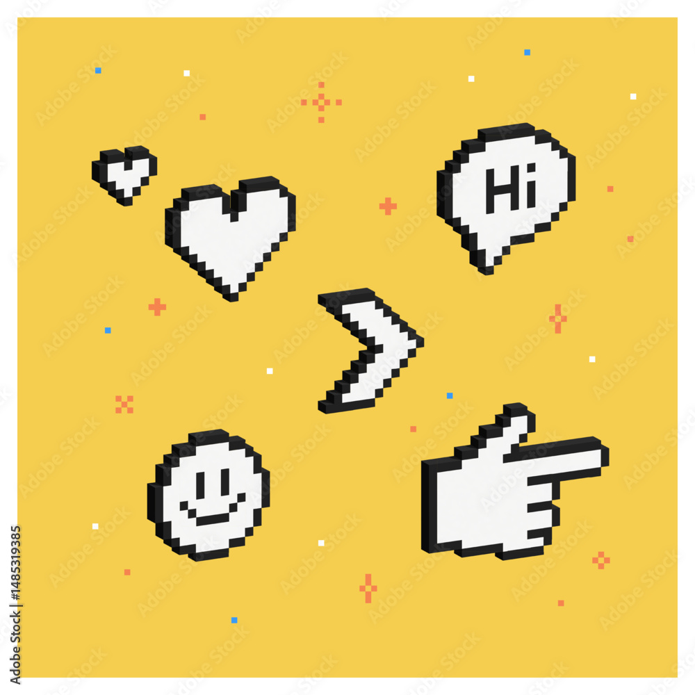 Set of isometric 8 bit objects. 3d pixel elements in brutalist style. Volumetric geometric ...