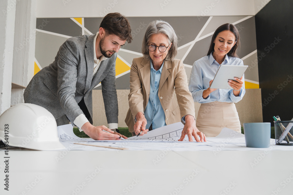 In Architectural Bureau: Team of Architects and Engineers Working on a ...