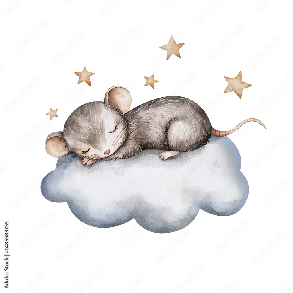 Cute sleeping mouse on cloud among stars. Children's watercolor ...