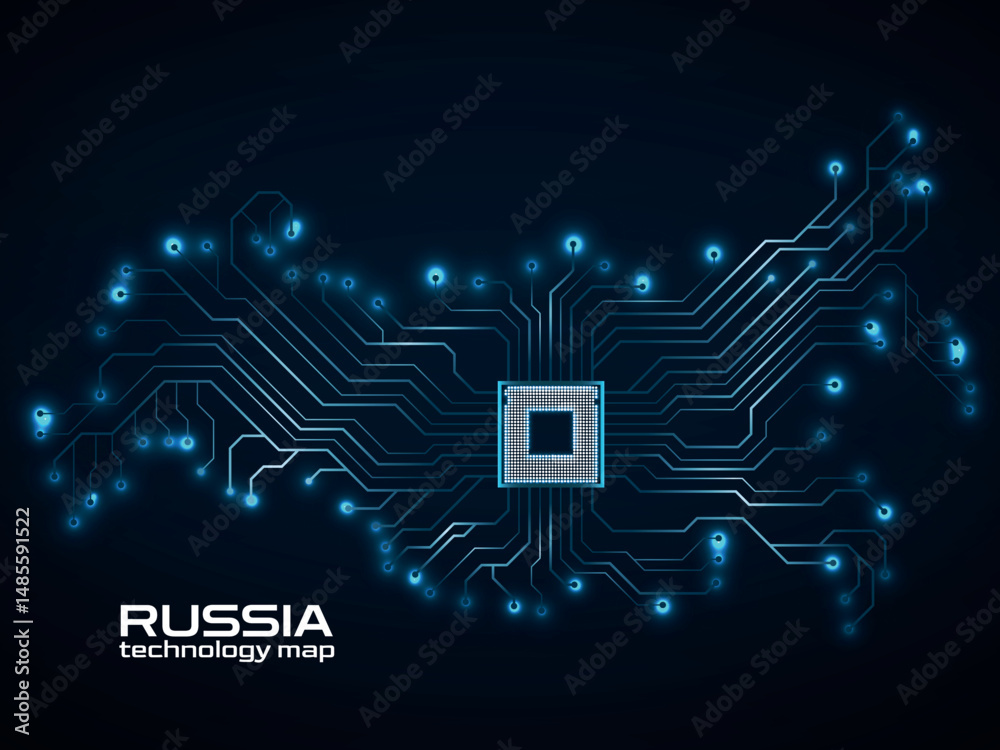 Abstract Russia map with cpu. Circuit board. Technology background ...