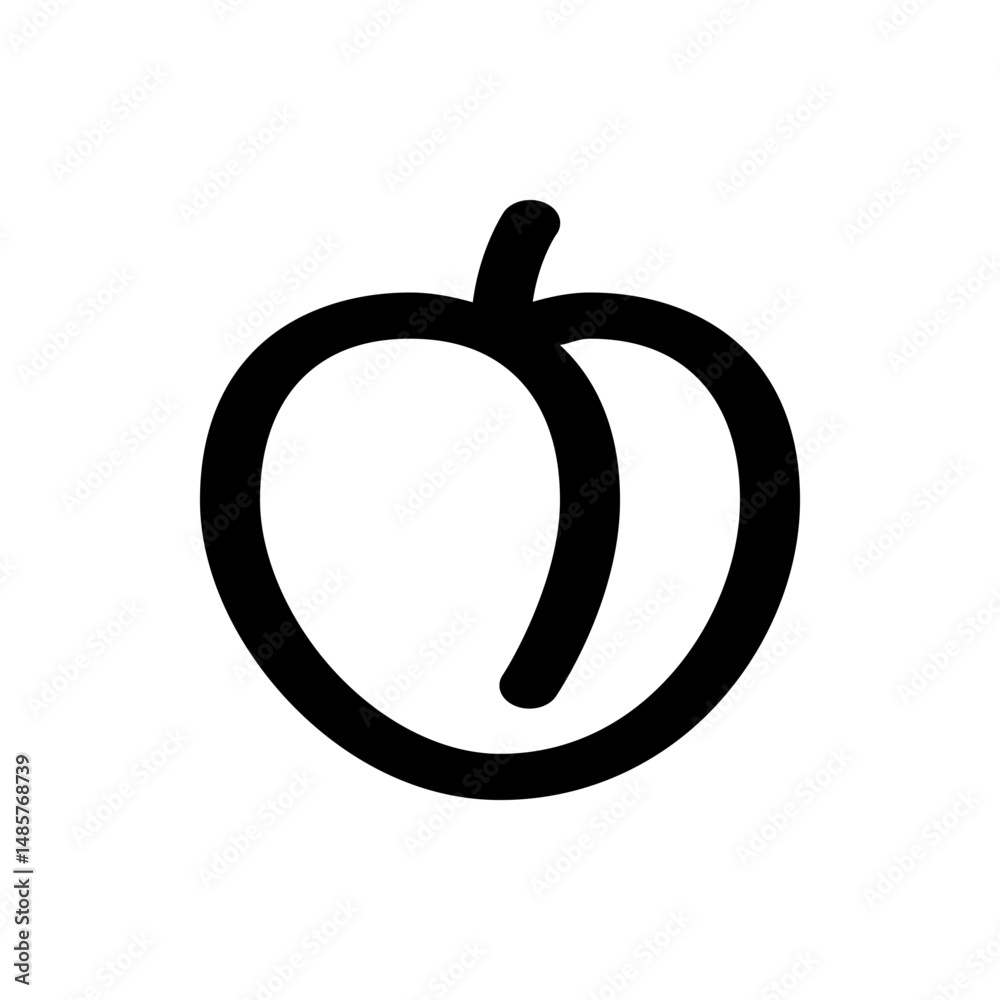 A simple black and white outline drawing of a plum fruit with a short ...