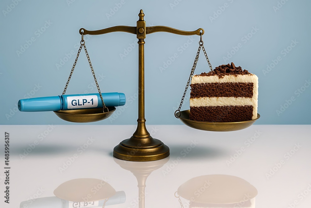 Blue GLP-1 injection pen and slice of chocolate cream cake on vintage ...