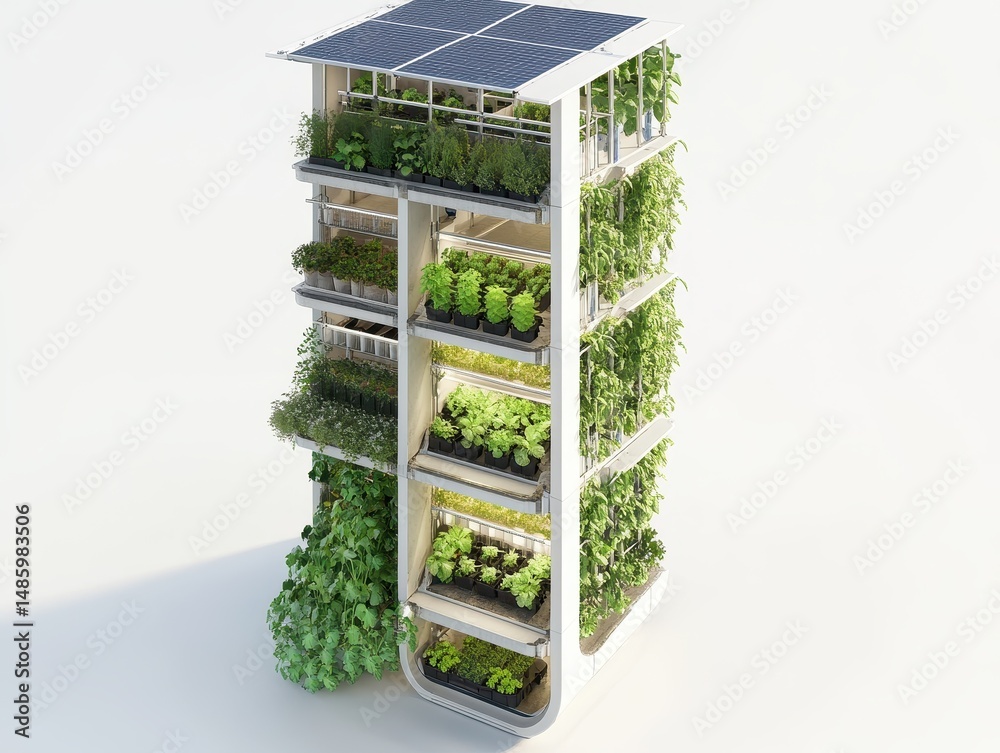 Technical schematic of a vertical farm with solar panels showing plant ...