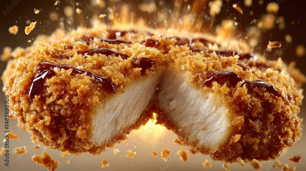 Breaded chicken patty cut in half with sauce and crumbs floating around ...