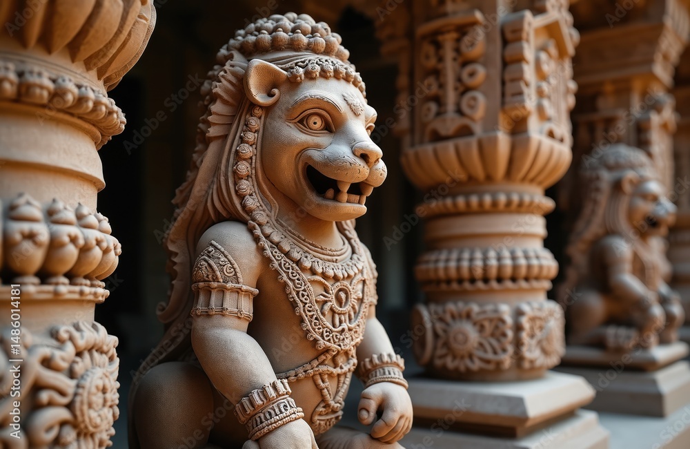 Narasimha statue man-lion avatar. Hindu god carving. Stone sculpture ...