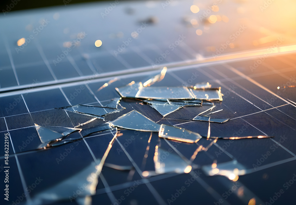 Shattered solar panel, cracked glass, broken cells, damaged frame ...
