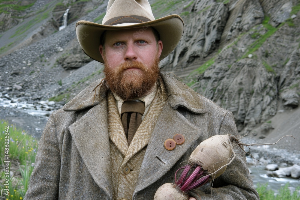 Bearded man in vintage attire and cowboy hat holding root vegetables in a rugged mountain ...
