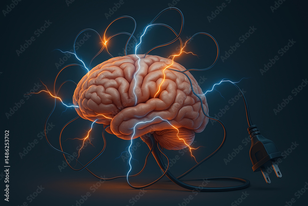 Human Brain With Dynamic Glowing Electric Currents Connected to Plug ...