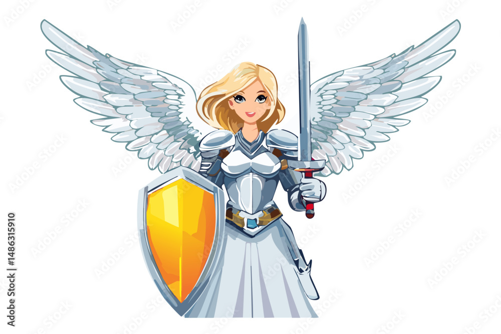 Cute woman Angel's with open wings, shield and sword, Valkyrie ...