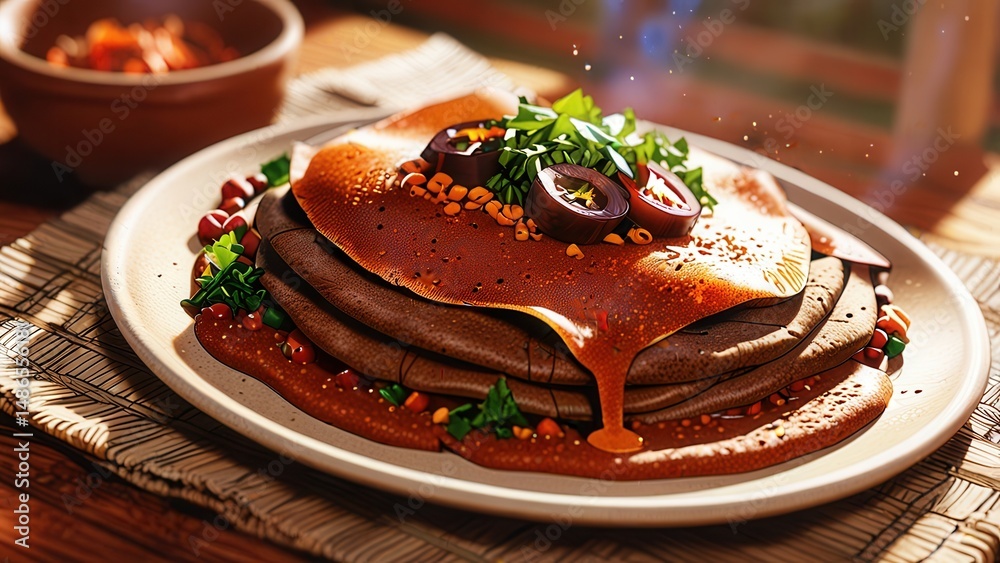 Ethiopian Cartoon Cuisine, Injera Teff Pancake with Spicy Lentils Stock ...