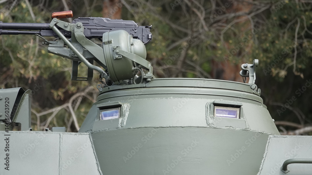 Armored turret of a military vehicle with armored observation windows ...