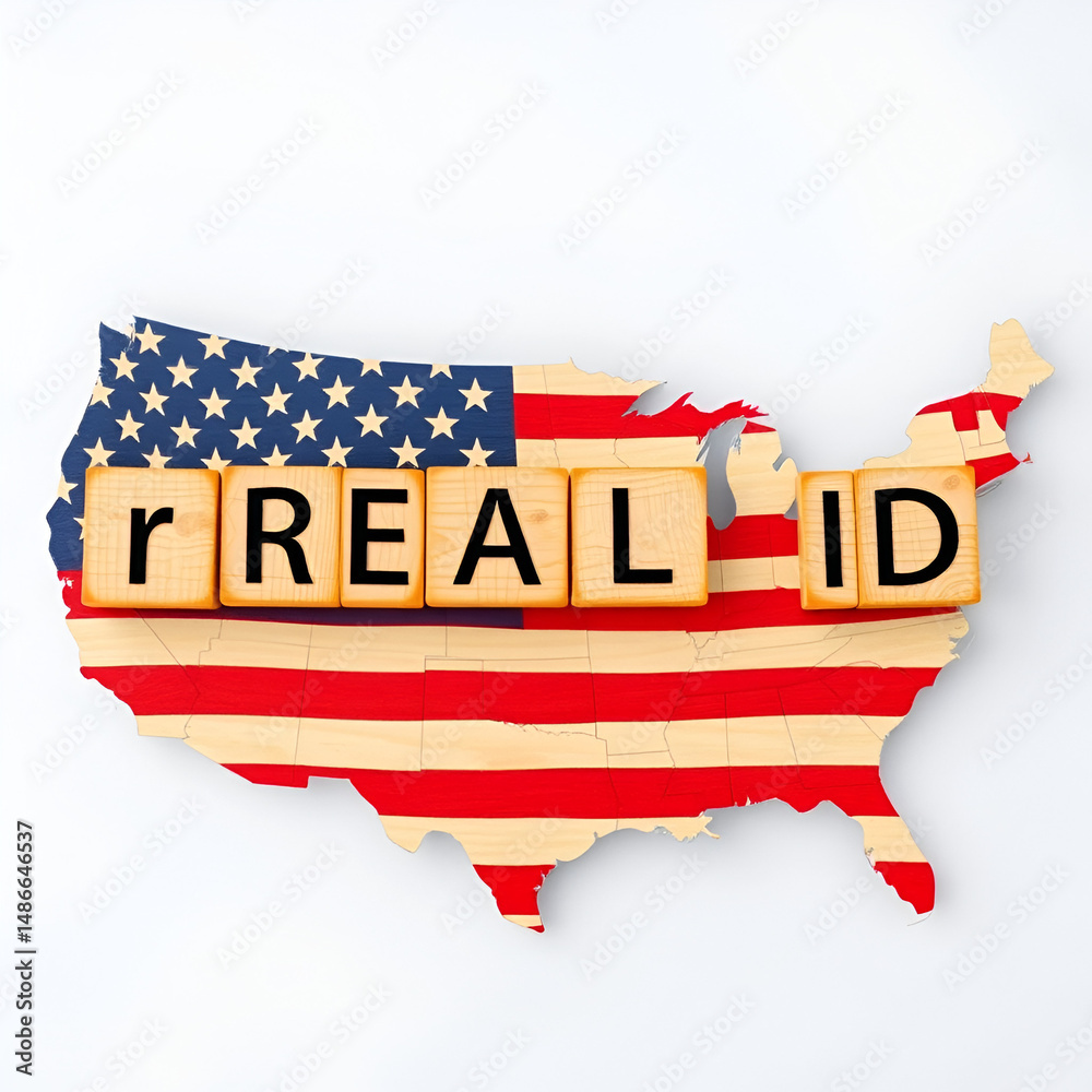 Wooden cubes composing the word rREAL ID on a map of the USA with an ...