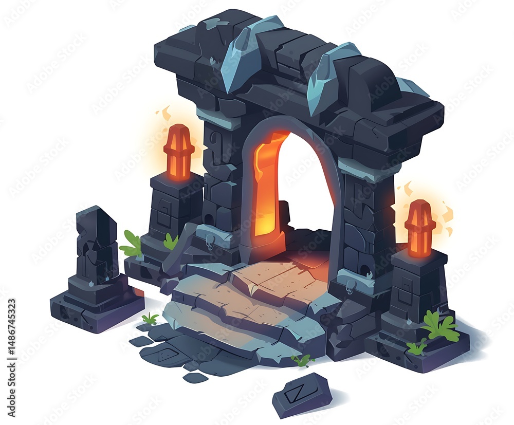 Isometric Pixelated Gate Architecture with Glowing Portal and Stone ...