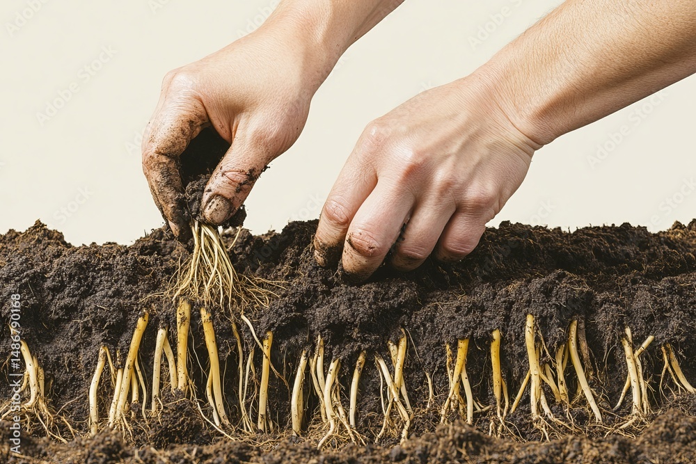 Planting roots in soil with human hands showing the connection to ...