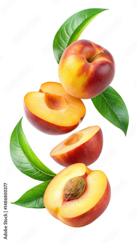 Flying Whole and Half-Sliced Peaches with Green Leaves isolated on ...