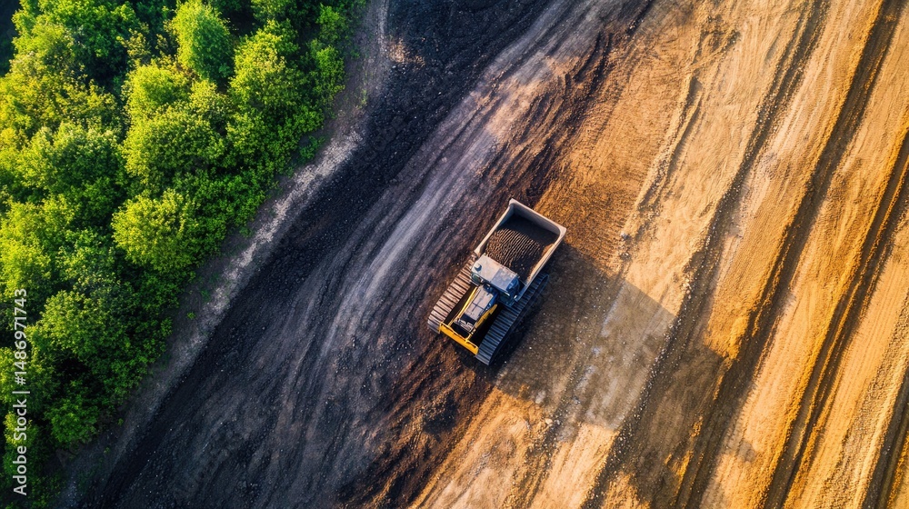 Drone view monitoring earthwork grading and slope consistency on site ...