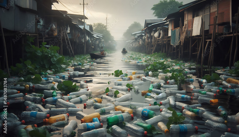 Plastic Pollution in a Water Village at Dawn Stock Photo | Adobe Stock