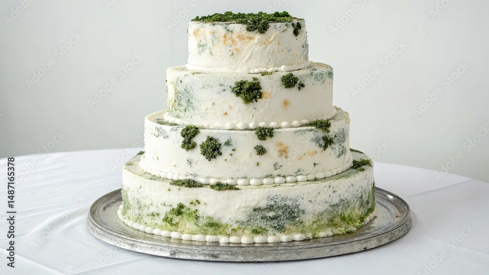 Stock-Illustration „Moldy wedding cake on a silver tray with a white ...