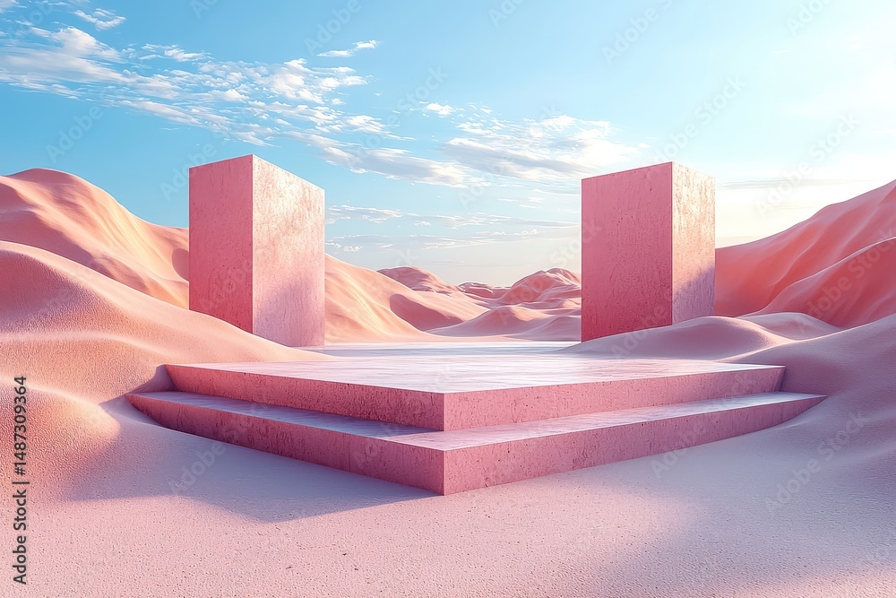 Minimalist 3D render of three squares on desert sand with light blue ...