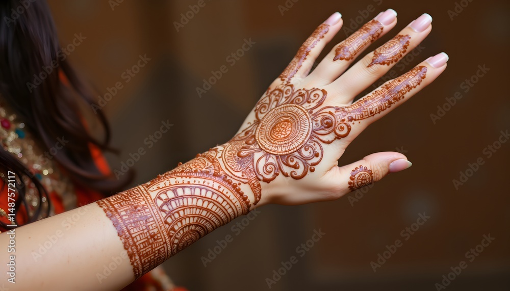 A young woman's hand is adorned with a complex henna design, the ...
