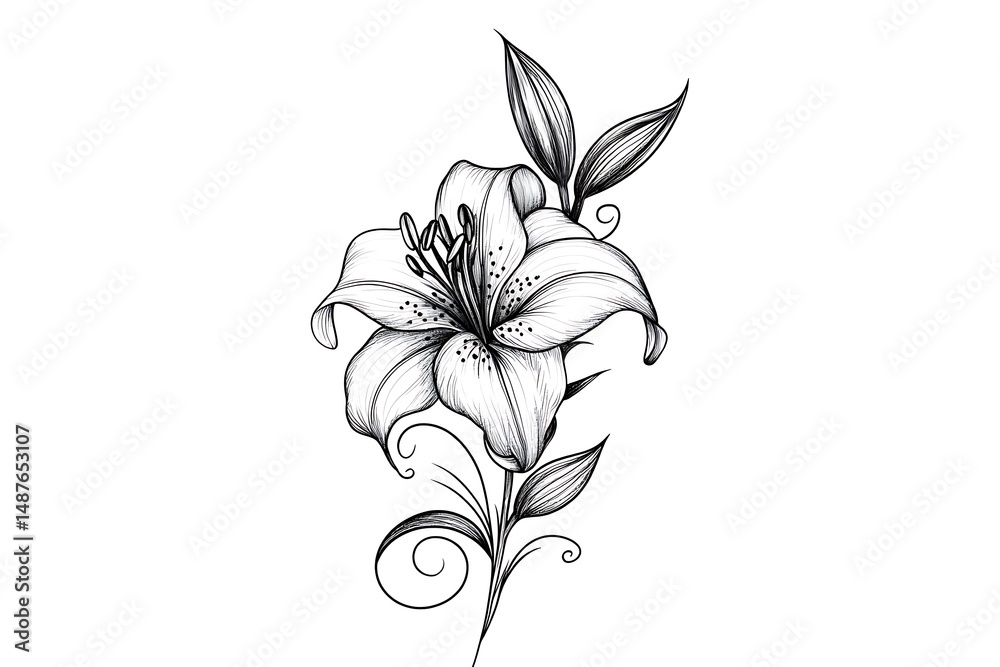 Detailed Lily Flower Ink Drawing Floral Botanical with Black Lines ...